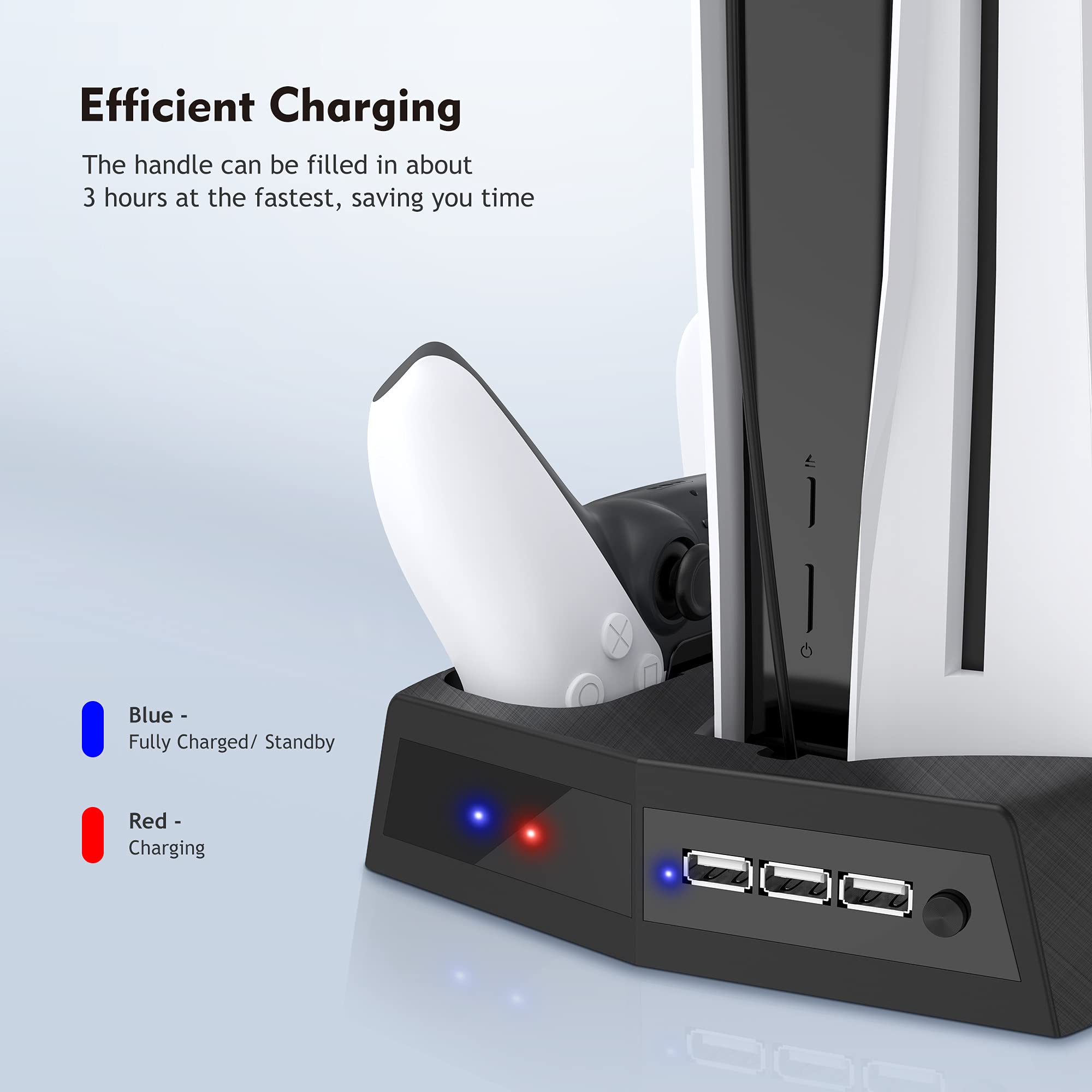 KIWIHOME PS5 Accessories Stand, PS5 Cooling Stand with Suction Cooling Fan and Dual Controller Charger Station for PS5 Console, 3 USB Ports &14 Game Slots for PS5 Digital & Disc Edition