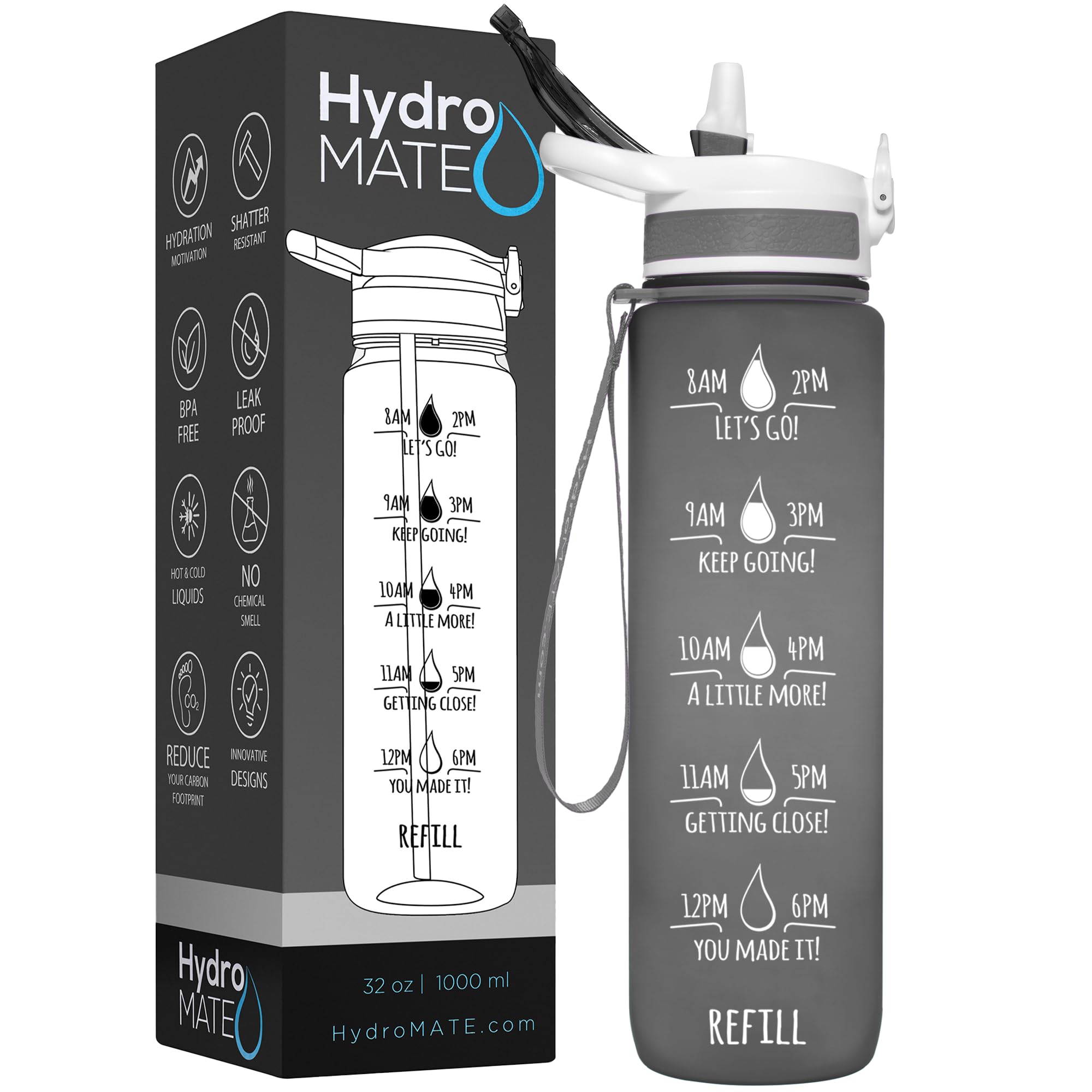 NatureWorks HydroMATE 32 oz Water Bottle with Time Markings Hourly BPA Free Reusable Leak Proof with Straw and Carrying Strap 1 Liter
