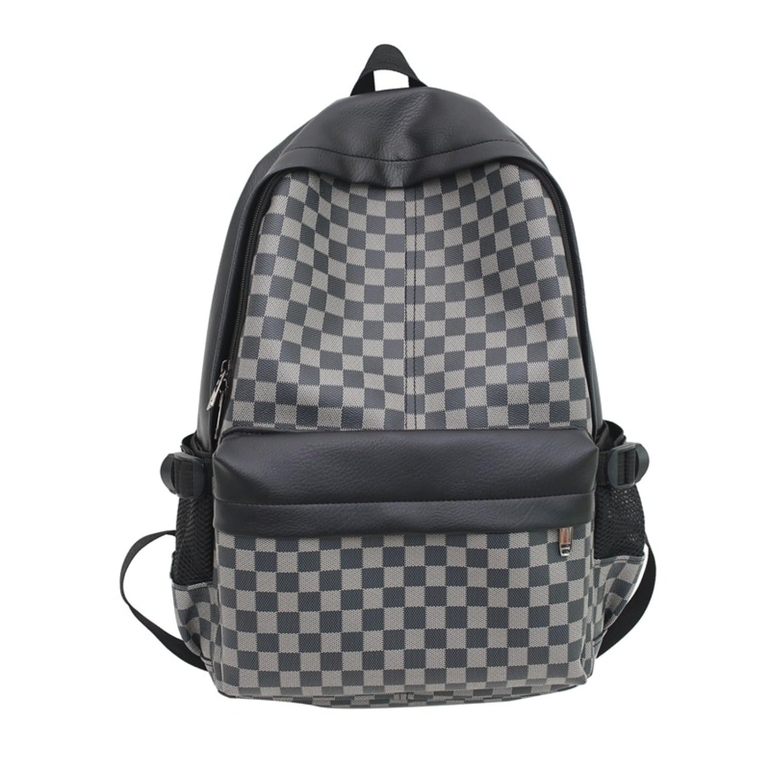 MININAI Checkered Aesthetic Backpack for Women Men Vintage PU Leather Cool Y2K Laptop Backpack Plaid Alt Emo Casual Daypack (One Size,Black)