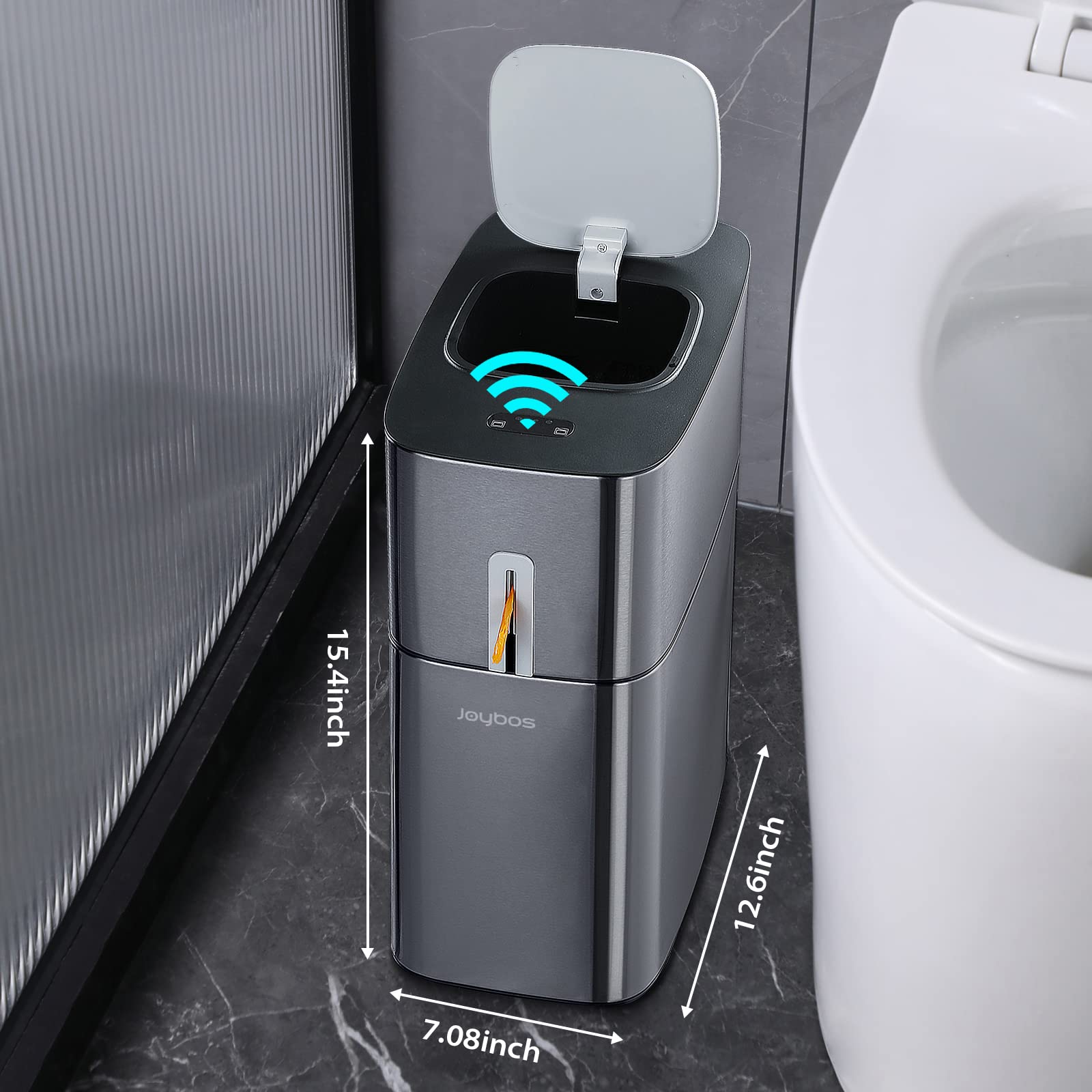 MOPUP Touchless Bathroom Trash Can, 4 Gallon Narrow Metal Automatic Privacy Garbage Can with Motion Sensor and Waterproof Design for Bedroom, Office, Toilet.Stainless Steel Dog-Proof Trash Bin.