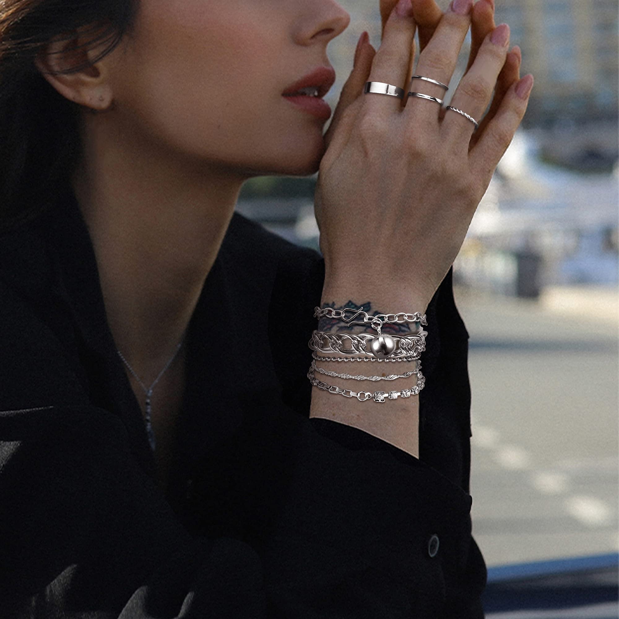 Sanfenly Gold Silver Bracelet Ring Set for Women Cuban Link Bead Heart Butterfly Charm Chain Cuff Bangle Bracelet Stackable Knuckle Ring Fashion Jewelry Adjustable