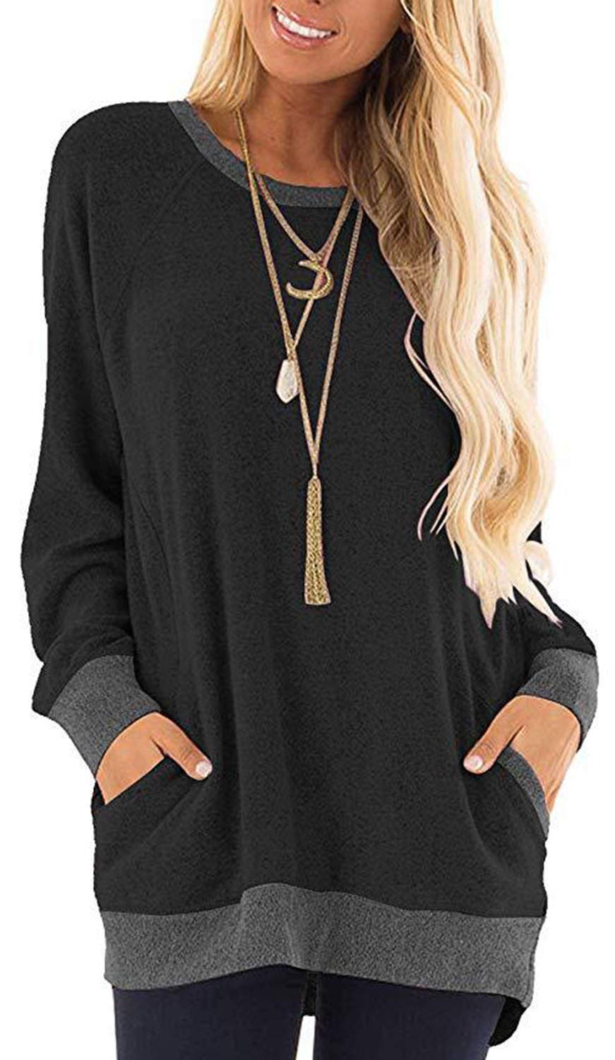kydely Womens Baggy Long Sleeve Sweatshirts Comfy Sweaters Color Block Blouses Tops T Shirts Black XL