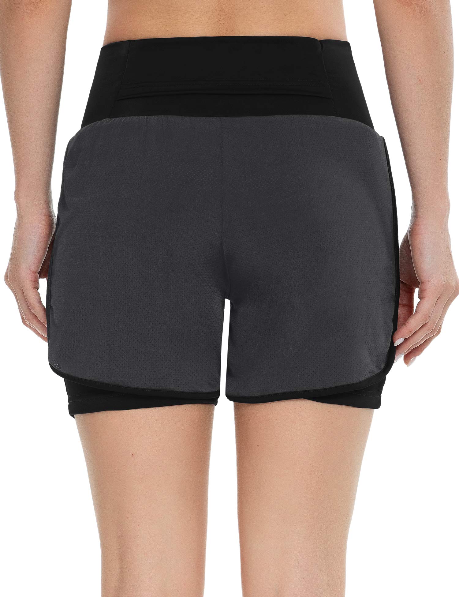 Loovoo Women's Sports Workout Shorts Double Layer Yoga Running Shorts 2 in 1 with Back Pocket Dark Grey M