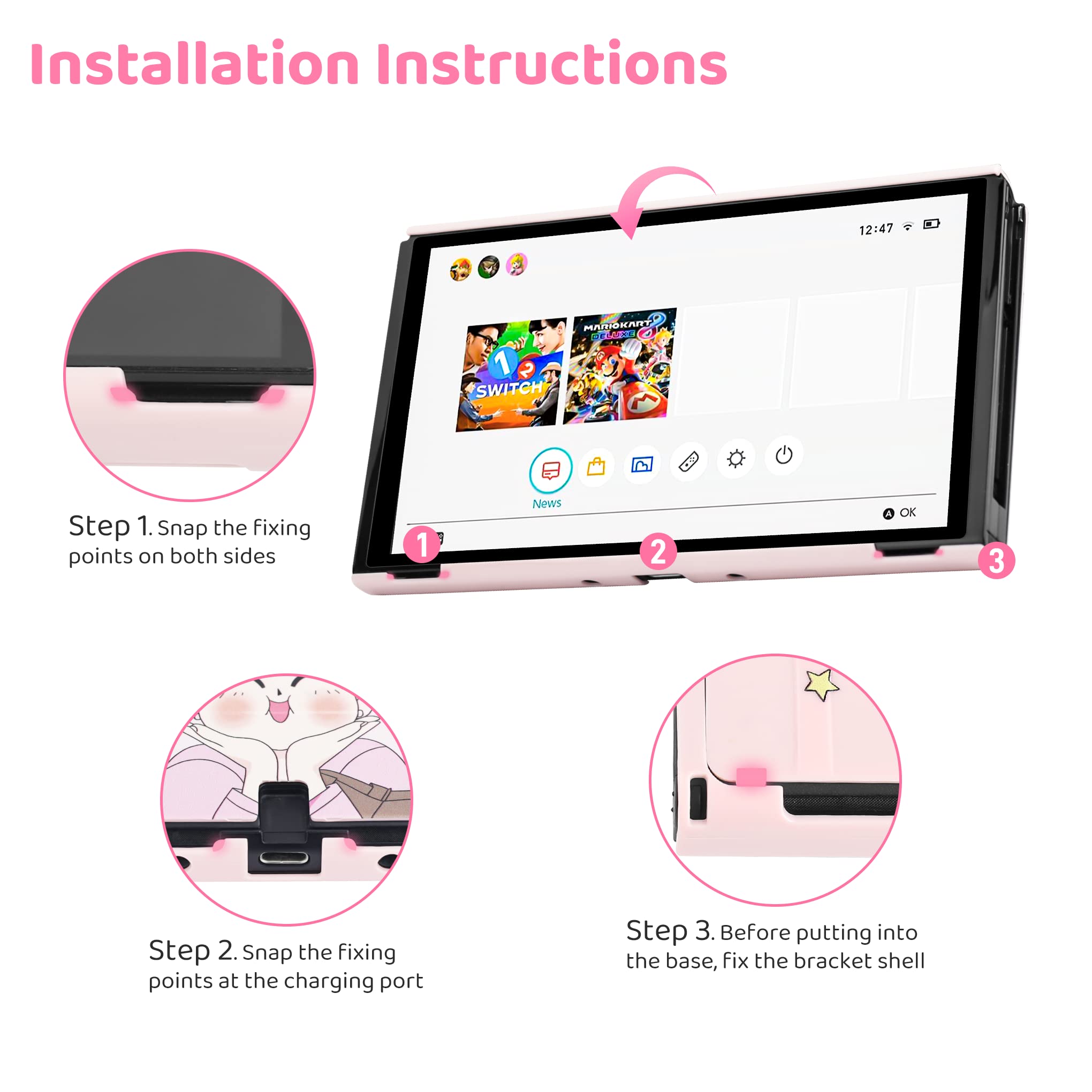 RHOTALL Pink Protective Case for Nintendo Switch OLED with Cute Girl Pattern, Anime Theme Cover Case Compatible with Switch OLED and Joycon Controller with Screen Protector and 4 Thumb Caps