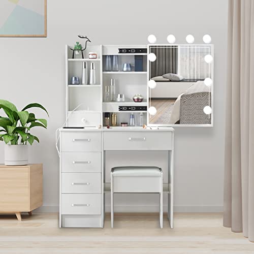 Kkonetoy Makeup Vanity with Ligths and Charging Station, Vanity Desk with LED Lighted Mirror, Vanity Dressing Table Set with 5 Drawers & Cushioned Stool, White Modern Dresser for Bedroom