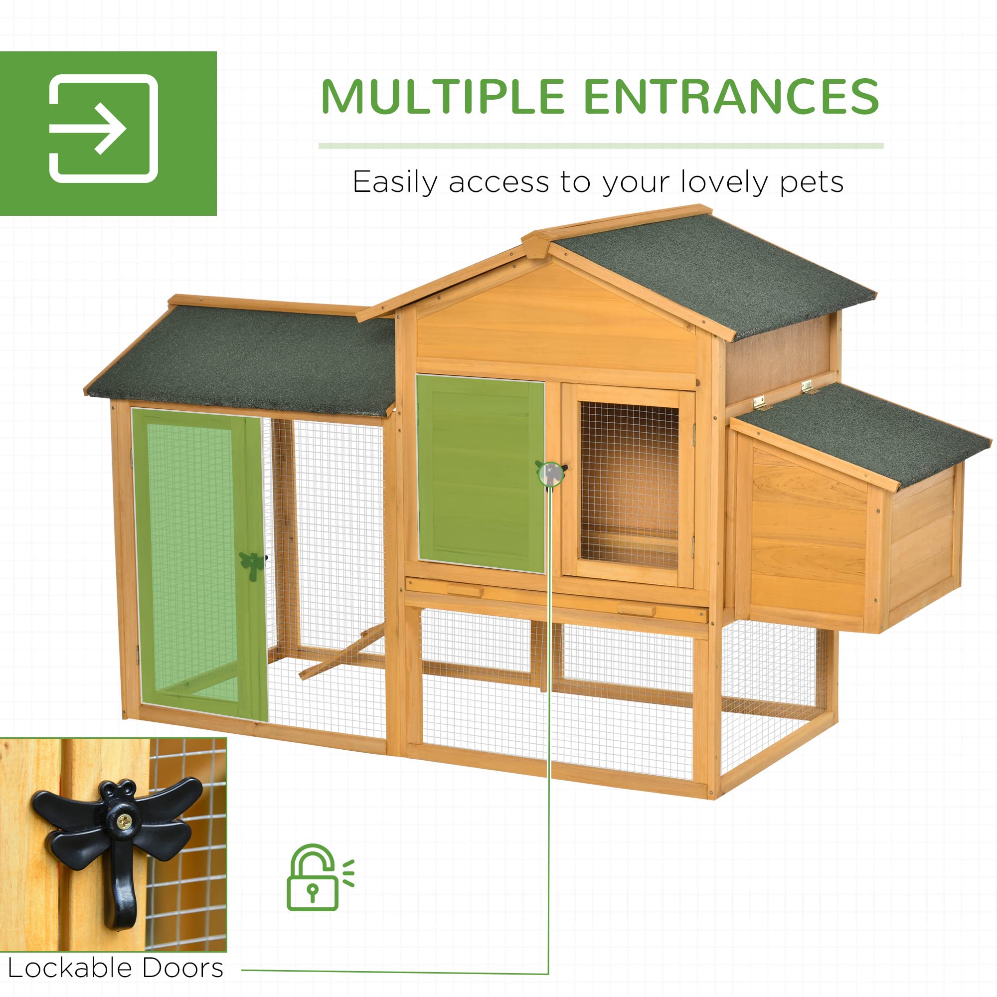 PawHut 66" Wooden Chicken Coop, Outdoor Hen House, Poultry Habitat with Removable Tray, Nesting Box, Ramp