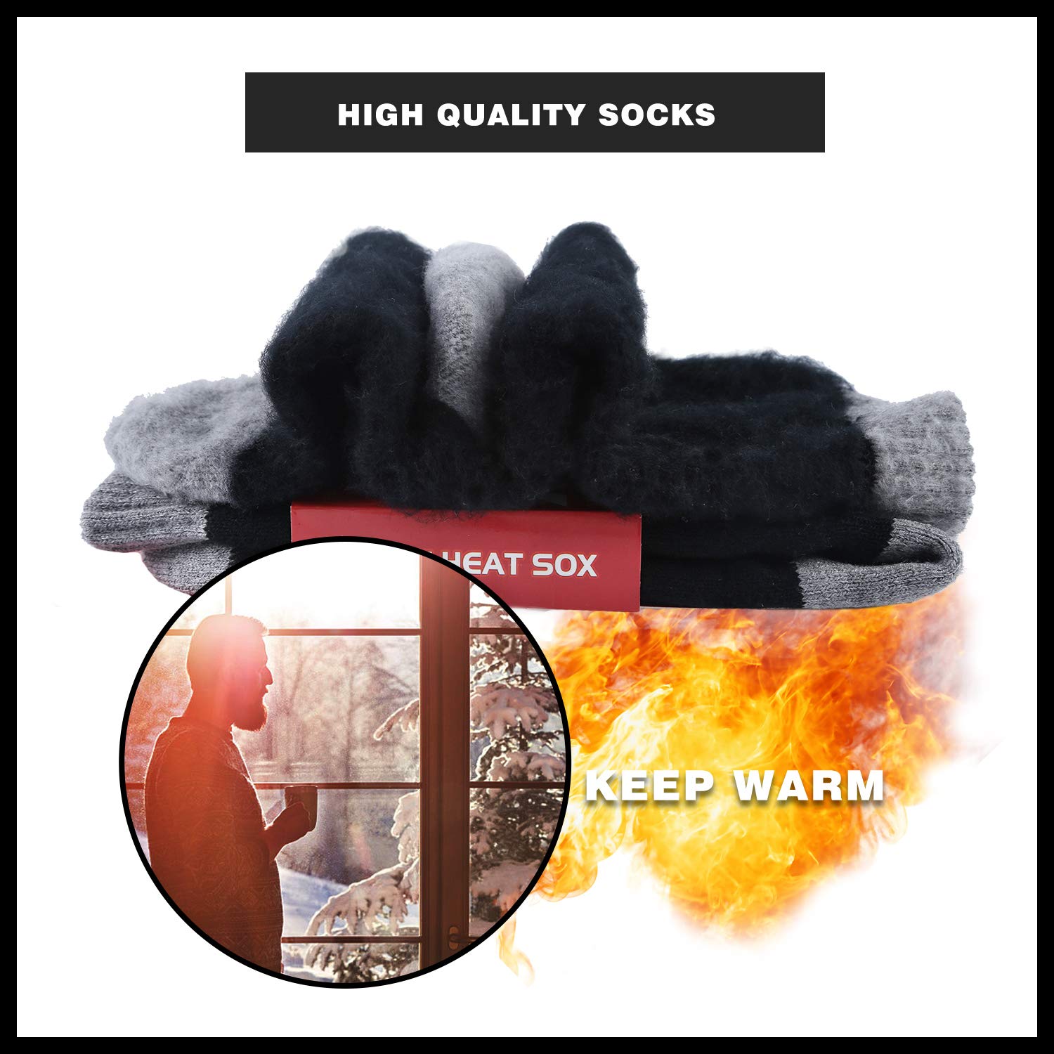 Loritta 6 Pack Thermal Socks, Mens Cold Weather Crew Sock,Black+gray