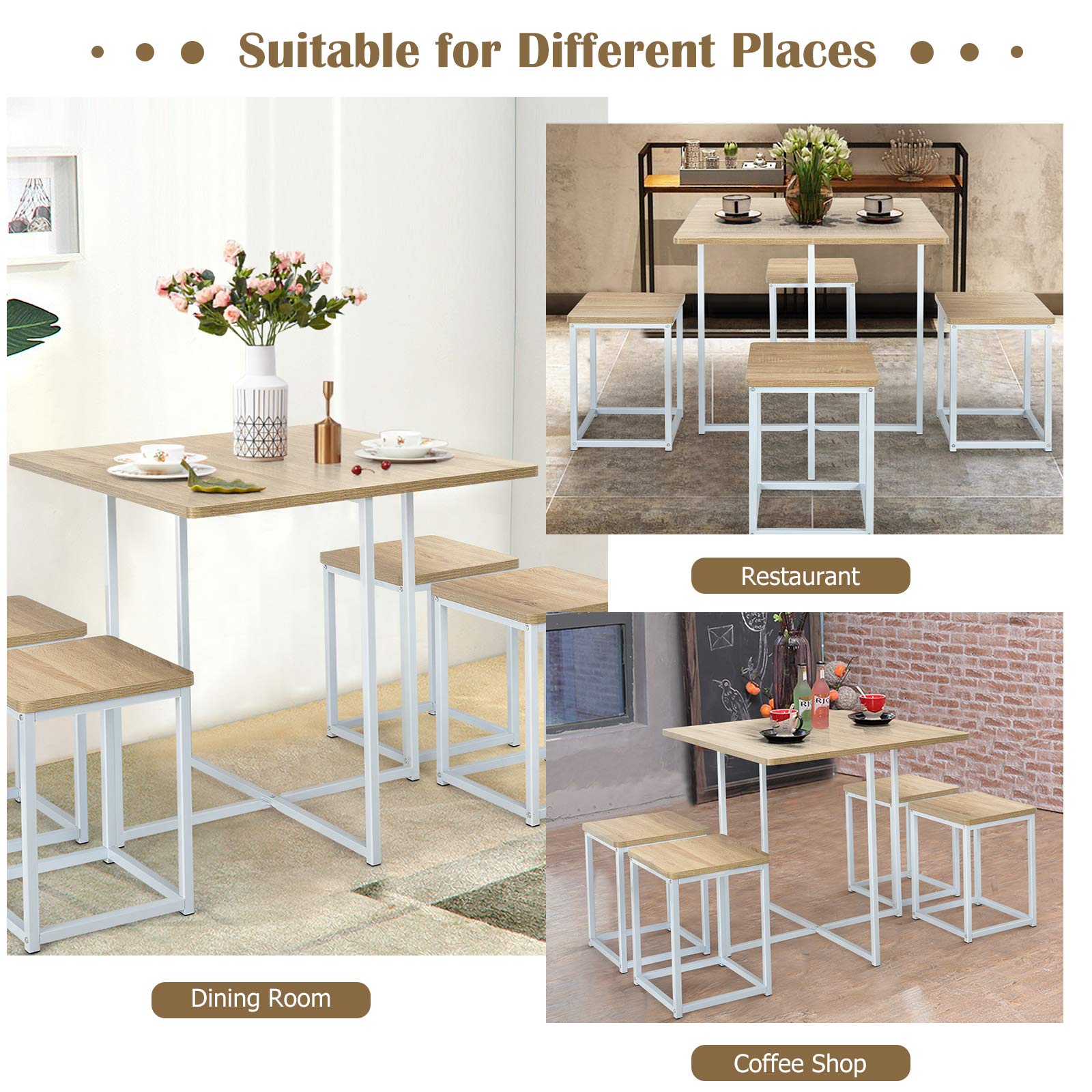 KOTEK Dining Table Set for 4, Kitchen & Dining Room Table Sets with 4 Square Stools, Metal Frame, 5 Piece Compact Kitchen Table and Chairs for Small Space (Walnut & Black)