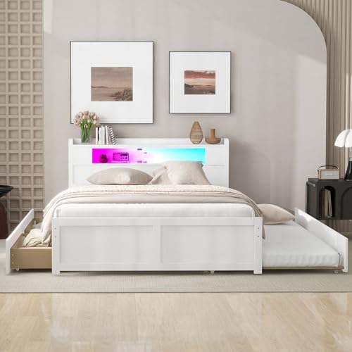WOODRK Queen Size Storage Platform Bed Frame with Multifunctional Headboard with LED and Storage Shelves, Modern Wooden Beds with 2 Drawers and 1 Twin Size Trundle, for Bedroom, Easy Assembly, White
