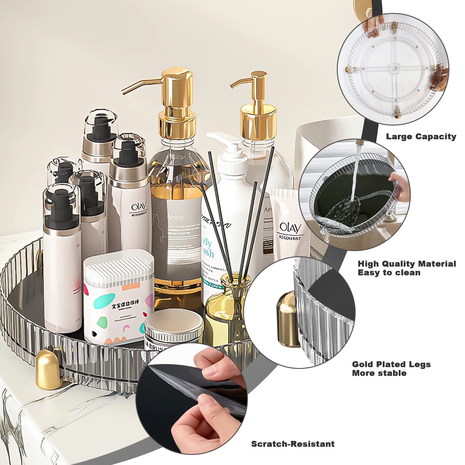 Makeup Perfume Organizer Turntable, SYOUACEND Lazy Susan, 360 Degree Rotating Lazy Susans, Bathroom Vanity Tray, Counter Skincare Organizer Turntable Organizer for Cabinet with Gold Non-Slip Base