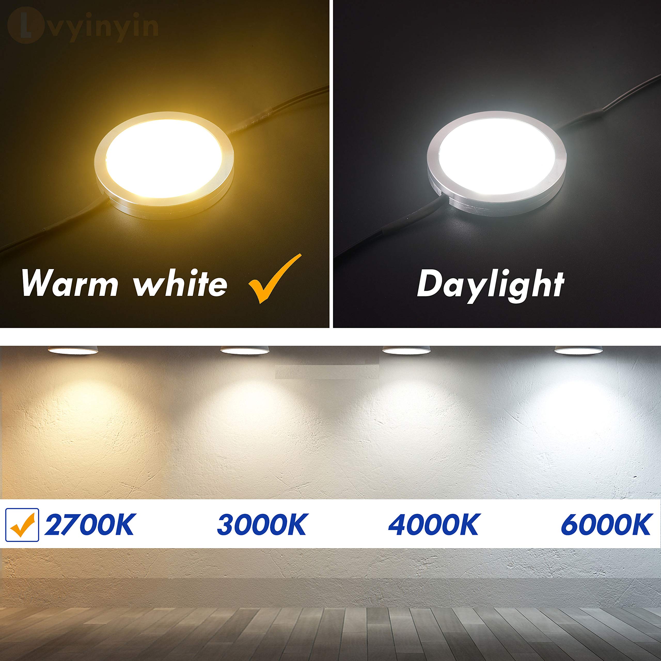 Lvyinyin Single LED Puck Light for Under Obove Cabinet Counter Bar Shelf Back Lighting, 120V Electric Direct Wall Plug in, Handy On Off Switch, Black Cables, 2 Packs, Warm White