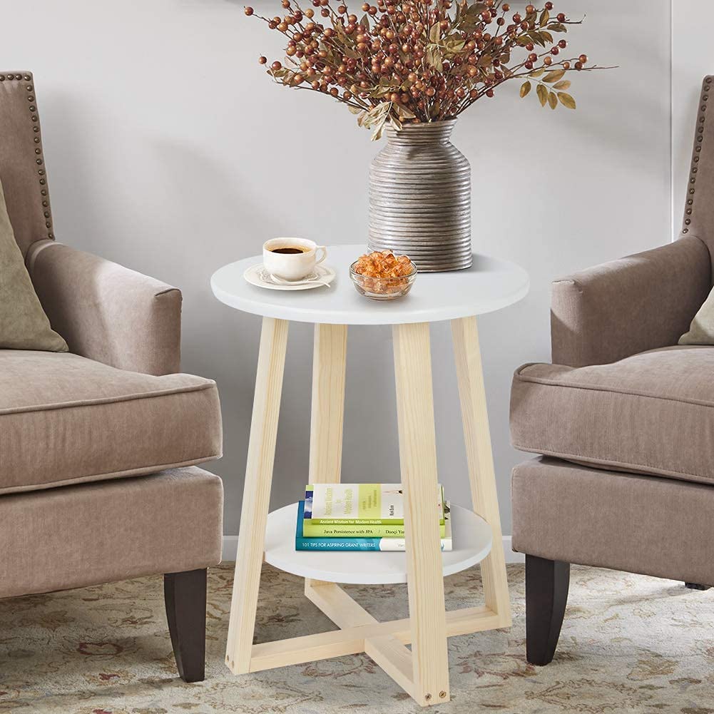 Liusin 2 Tier Round Side Table, Contemporary Multi-Purpose Small Space Round Sofa Coffee Nightstand Table with Storage Shelf and Solid Wood Legs for Home Office Bedroom Living Room(White)