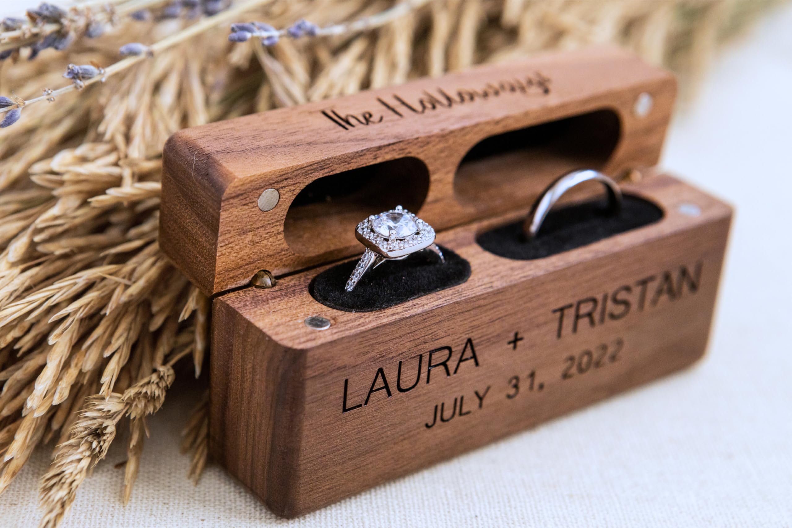 Personalized Wooden Ring Box. Slim Double Slot Holder for 2 Rings. Custom Wedding Engagement Ring Box. Custom Ring Holder. (Design 6)