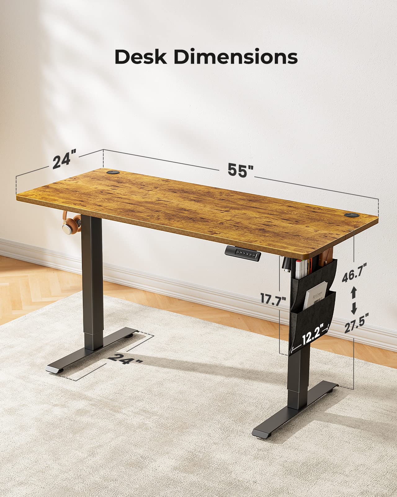 Marsail Standing Desk Adjustable Height,55x24 Inch Electric Standing Desk, Stand up Desk with Storage Bag,Headphone Hook for Computer Workstations Desk Memory Preset