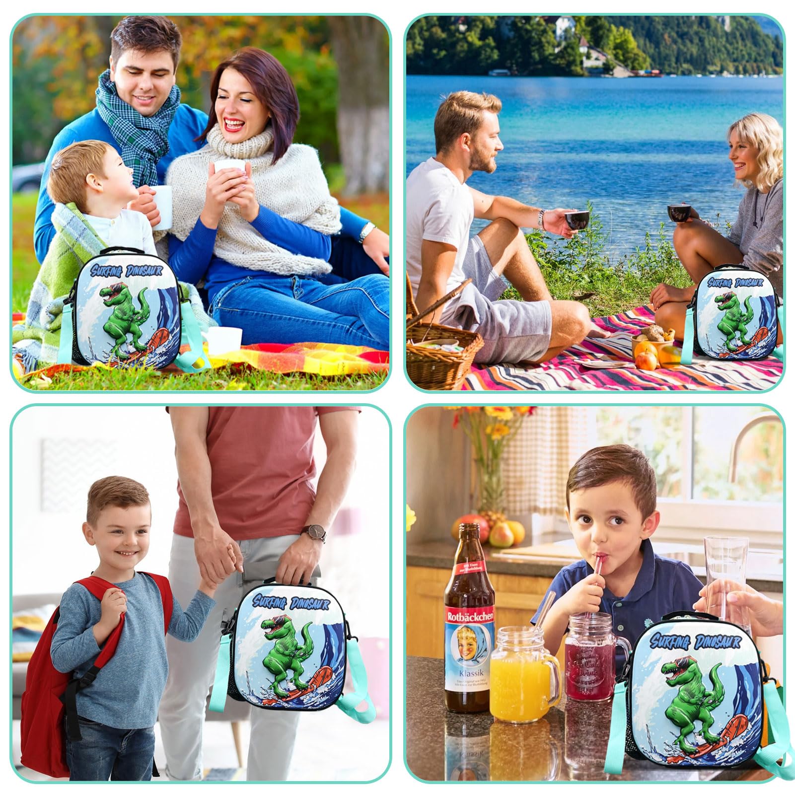 Lebsitey Lunch Bag, Reusable Insulated 3D Cartoon Pattern Dinosaur Lunch Bag with Handle and Bottle Pocket for Boys Back to School Preschool Kindergarten Elementary and Picnic Travel