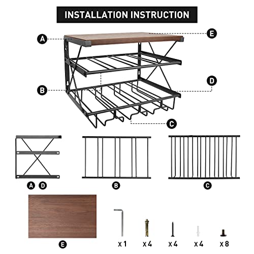 OOir onOO Wall Mounted Wine Rack - Wood Rustic Wine Bottle Glass Floating Shelves Holds with Stemware Rack, 8 x Glasses and 11 xWine Bottles for Kitchen,Dining Room,Bar,15 Inch(Black)