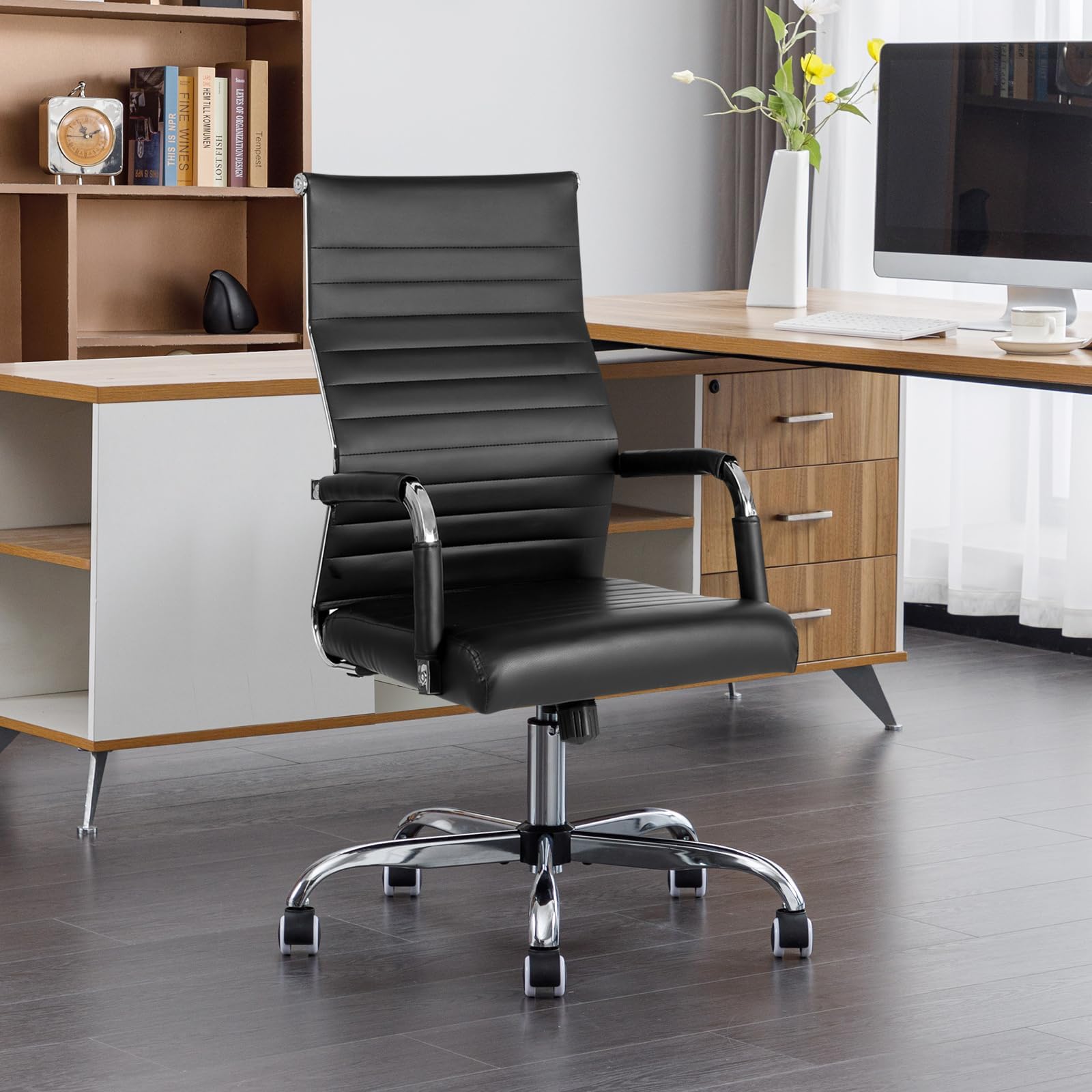 LUCKWIND Office Desk Chair, Executive Ribbed Task Chair, High-Back Leather Conference Ergonomic Chair, Swivel Arm Chair, Height Adjustable & Tilt Rocker (Black)