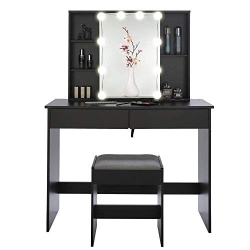 Makeup Vanity Desk with Sliding Lighted Mirror for Christmas Day, Makeup Table Vanity Desk with 2 Large Drawers, 3 Color Lighting Modes, Brightness Adjustable, Vanity Table for Women Girls, Black