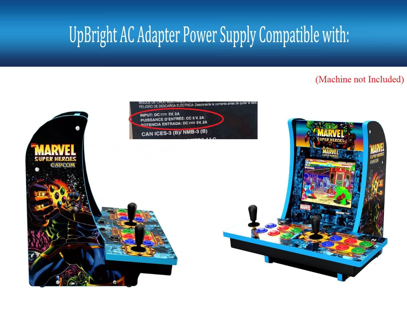 UpBright 5V AC/DC Adapter Compatible with Arcade1up MRV-C-01343 Marvel Super Heroes Capcom 2 Player Counter-Cade Superheroes Countercade Game Machine Arcade 1up 2A 2000mA Power Supply Cord Charger PSU