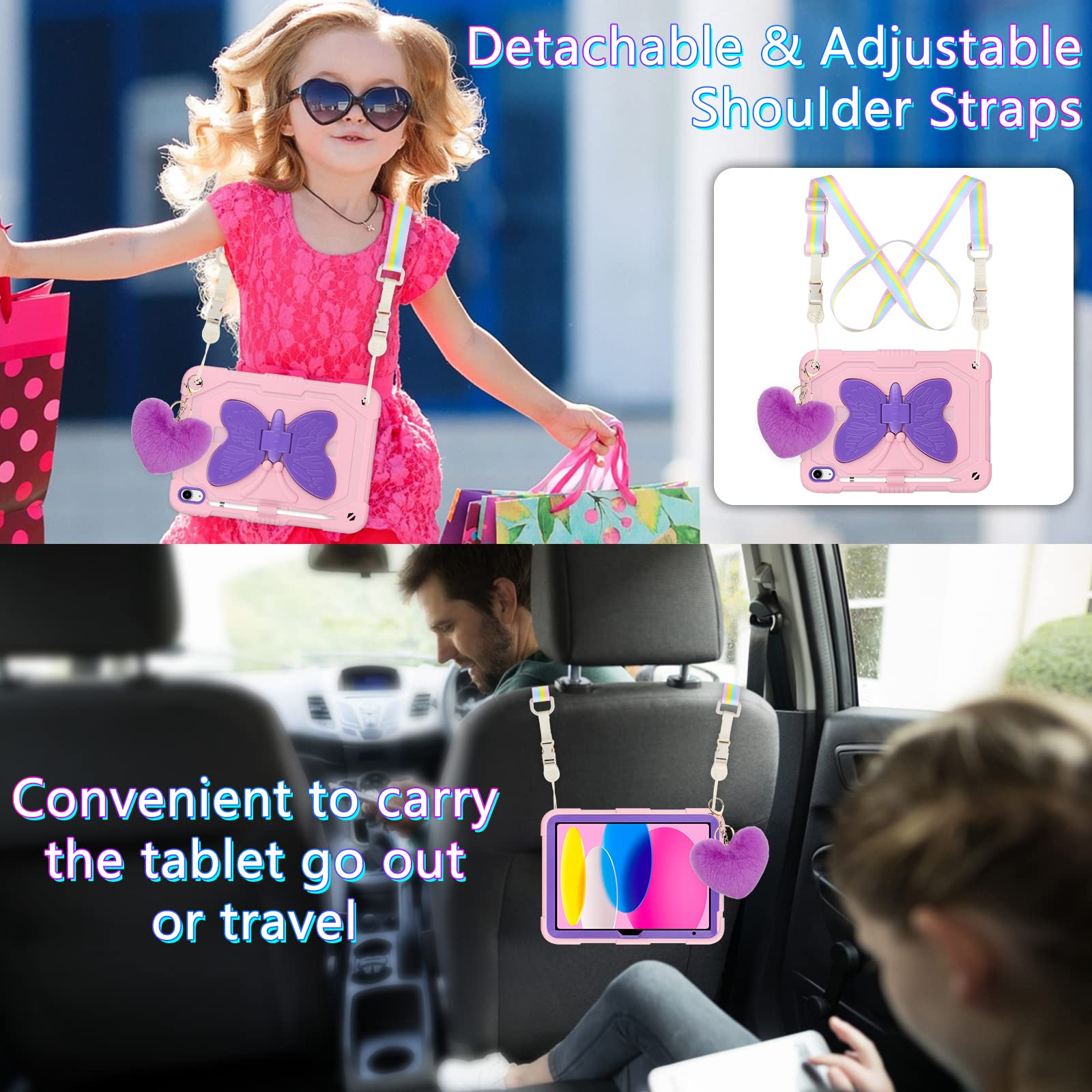 WESADN for iPad 10th Generation Case 2022 with Butterfly Kickstand/Screen Protector/Lanyard/Keychain Case with Pencil Holder for Girls Tablet Cover for iPad 10th Gen 10.9'' Rainbow Pink