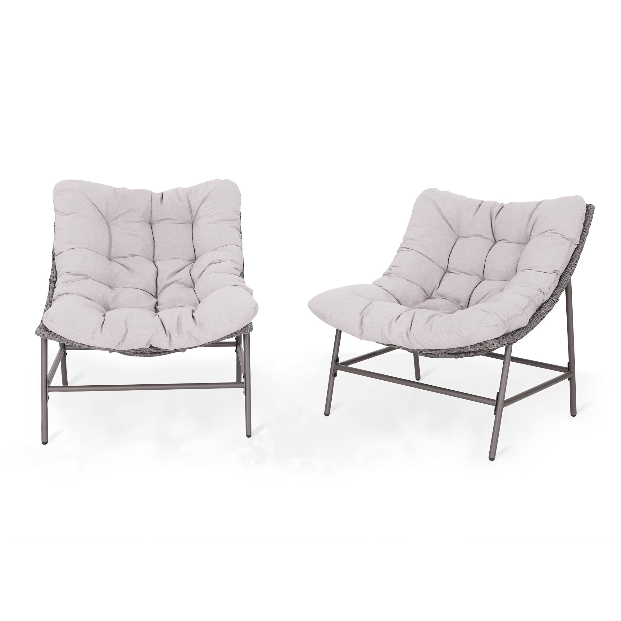 PHI VILLA Outdoor Papasan Chairs Set of 2, Oversized Scoop Wicker Chairs with Cushions & Steel Frame, Double Comfy Conversation Reading Chairs Furniture for Apartment Patio, Porch, Deck, Balcony