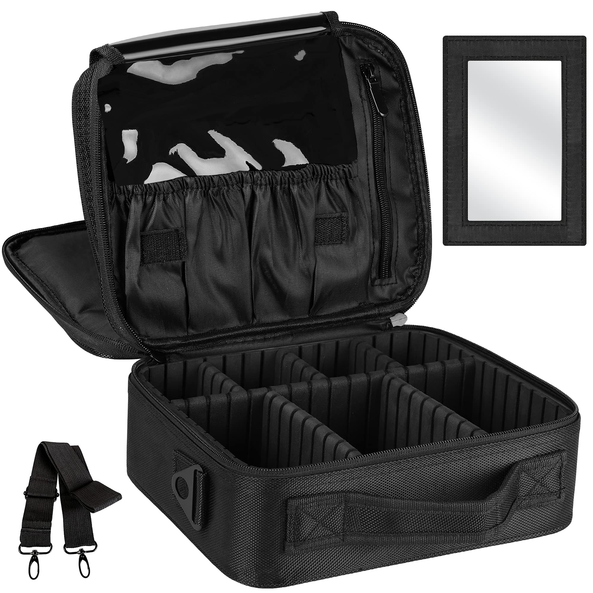 Kootek 2-Layers Travel Makeup Bag, Portable Train Cosmetic Case Organizer with Mirror Shoulder Strap Adjustable Dividers for Cosmetics Makeup Brushes Toiletry Jewelry Digital Accessories