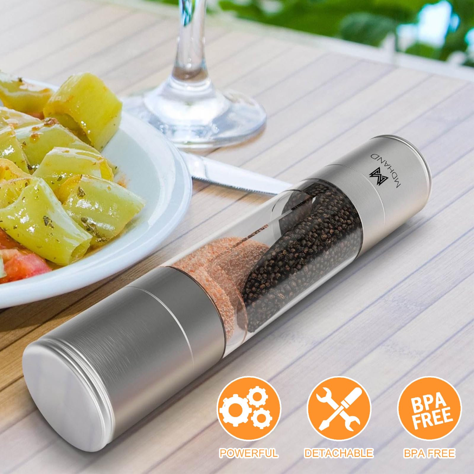 MDHAND Manual Salt and Pepper Grinder Set, 2 IN 1 Pepper Grinder & Salt Grinder with Adjustable Coarseness, Pepper Mill Shaker Salt and Pepper Grinder For Kitchen