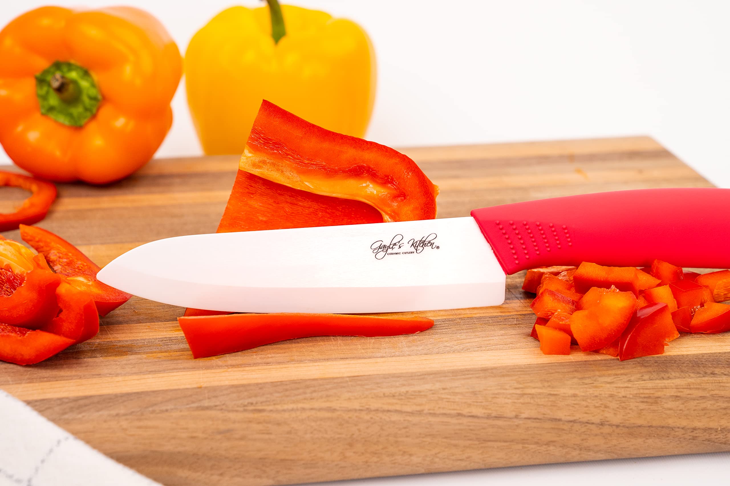 Serrated Pink Ceramic Knife Set with 5" Serrated Knife, Kitchen Knife Set - Includes 3β, 4β, 5β, 6β Ceramic Knives, Matching Sheaths and a Matching Vegetable Peeler in a black Gift Box