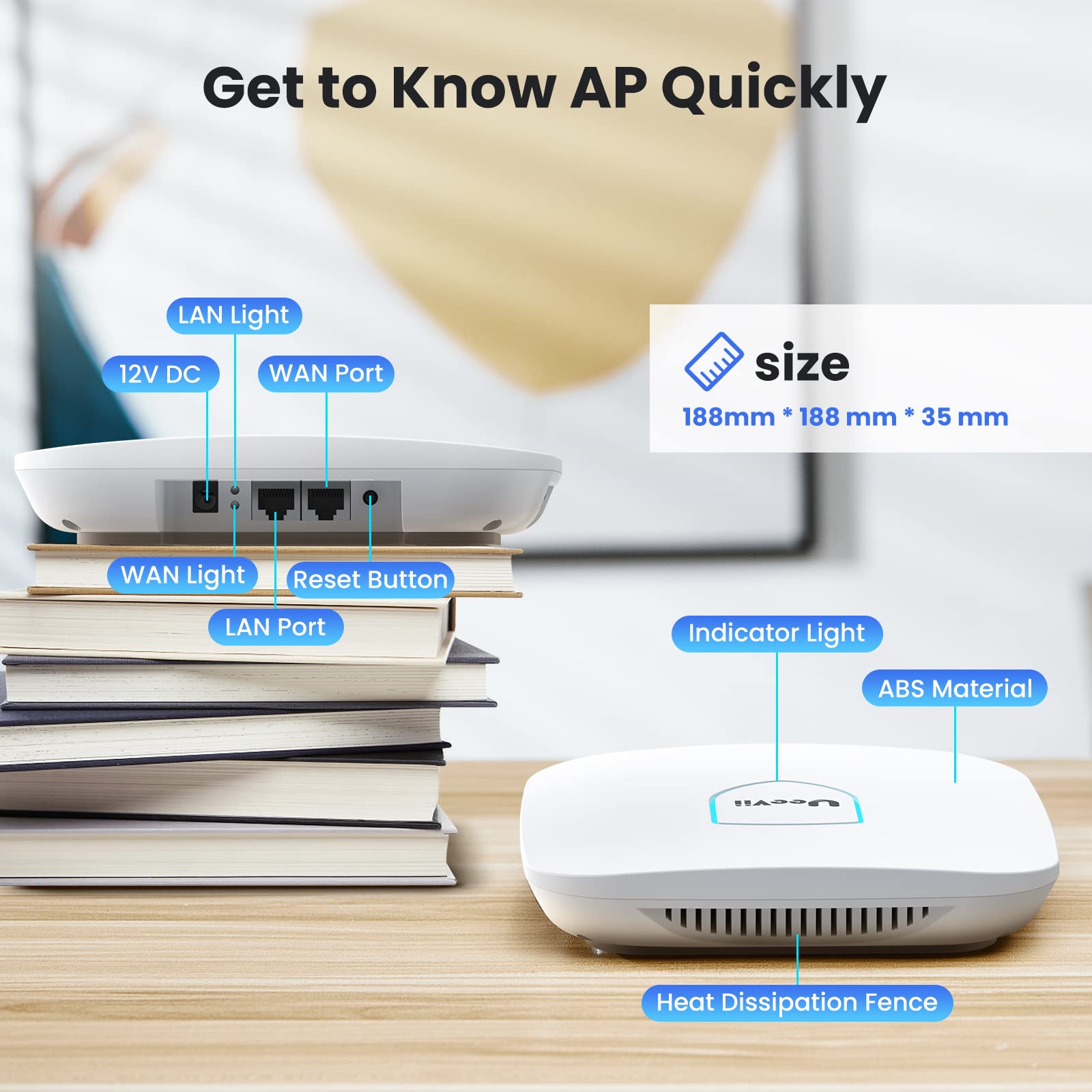 UeeVii WiFi 6 Access Point Indoor Ceiling | US Model | 48V PoE Adapter Included | 2.4G & 5.8G (UAP03)