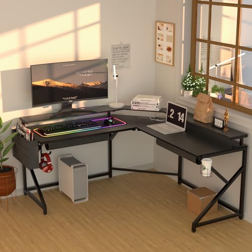 L Shaped Gaming Desk with Power Outlets, 51.5" Computer Desk with Cup Holder and Headphone Holder,Corner Desk Home Office Desk with Glowing Mouse Pad,Black