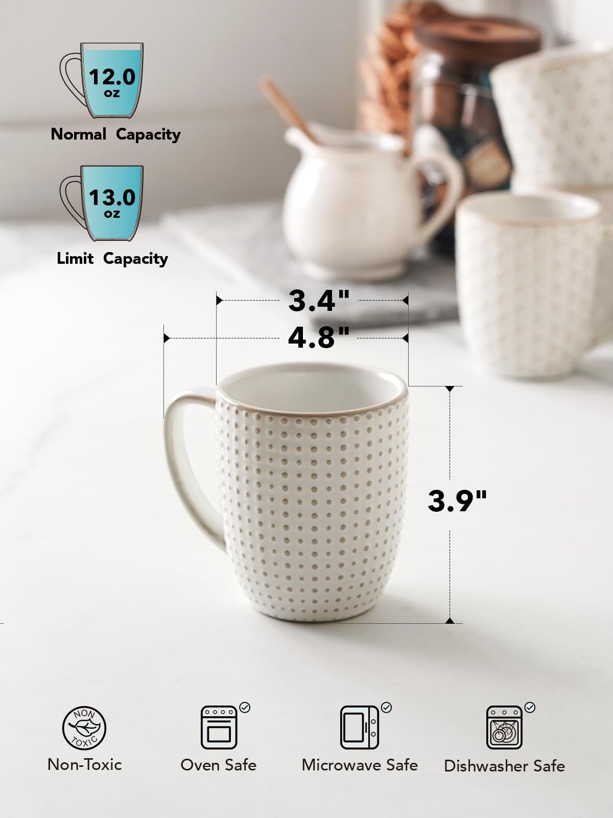 LE TAUCI Coffee Mugs 12 oz, Ceramic Mug Set, Embossment Cups for Latte, Hot Tea, Cappuccino, Mocha, Cocoa,Suit For Housewarming Wedding - 3.4 inch, Set of 4, Arctic White