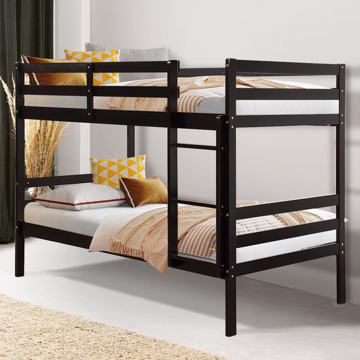 KOTEK Twin Bunk Bed, Solid Wood Twin Over Twin Bunk Bed Frame for Kids Teens, Children Bunk Beds with Ladder & High Guardrails (White)