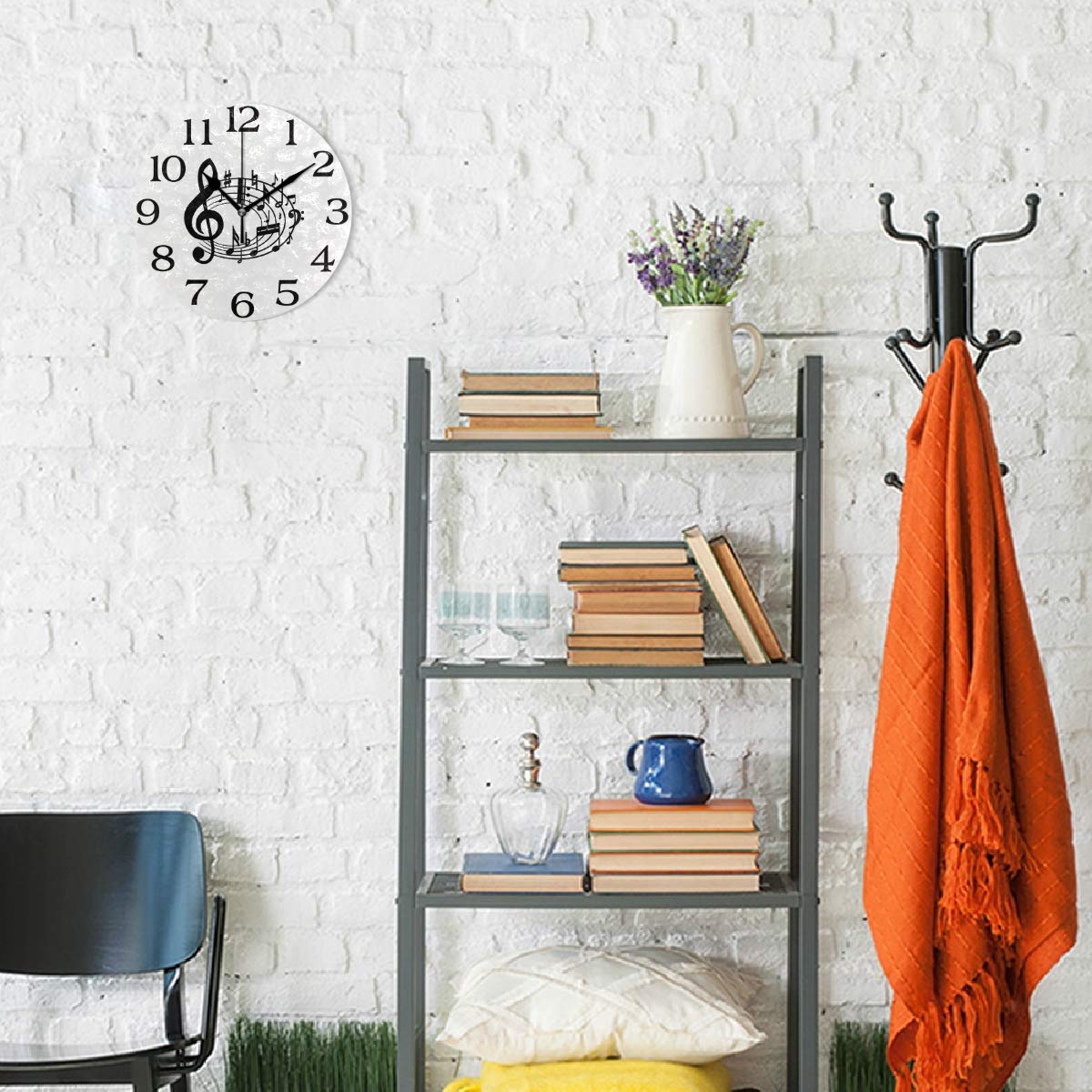 Linomo Music Note Musical Theme Wall Clock Decor, Silent Non Ticking Round Clock Quiet for Kitchen Living Room Bedroom Bathroom Office