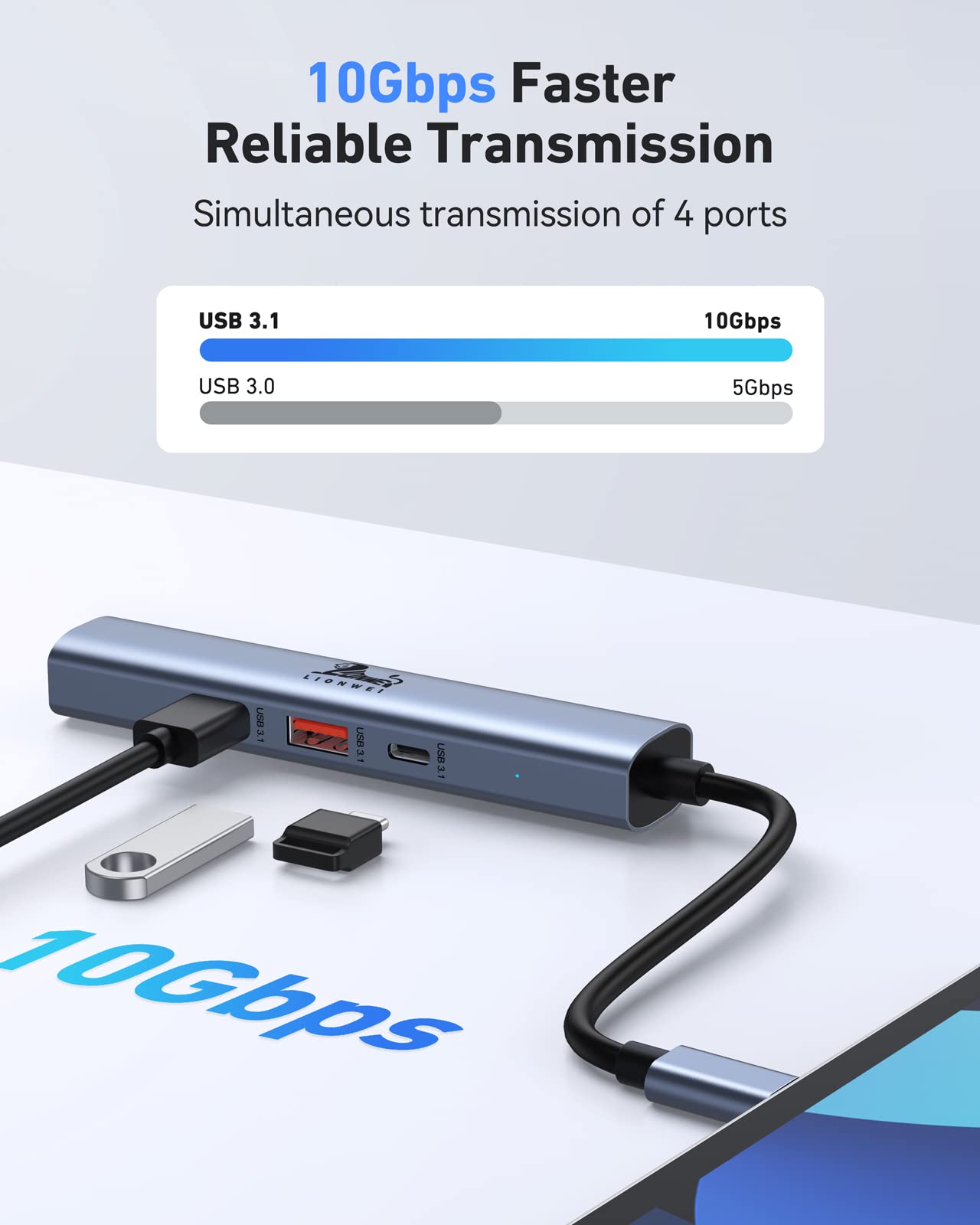 USB C Hub with Ethernet 10Gbps USB 3.1, LIONWEI 4 IN-1 USB C Splitter for MacBook with 2 USB 3.1 Port, USB C 3.1 Port & 1000M Ethernet, Portable Adapter for Laptop, PC, Smartphone Plug and Play Dongle