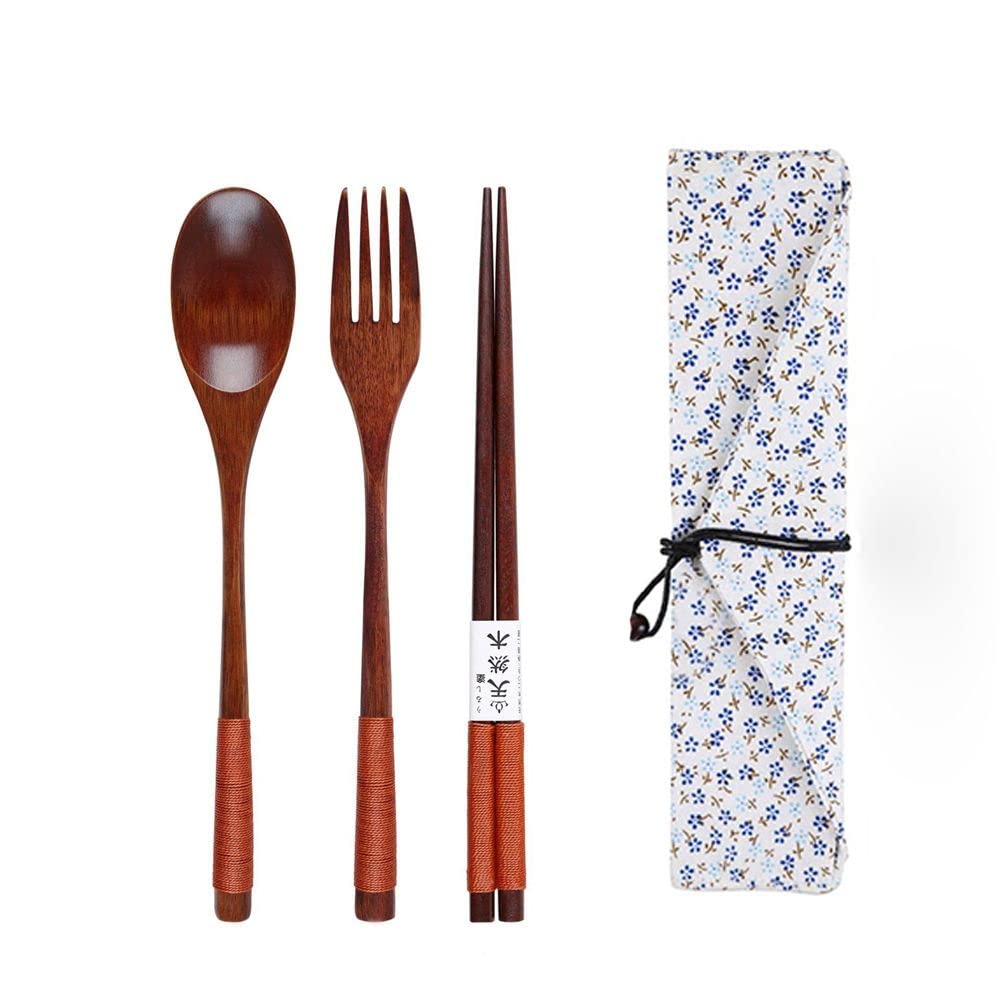 Leadigol Wooden Fork and Spoon Chopsticks Tableware Kitchen Dinnerware Set With Cloth Bag Travel Gift Cooking Tools Portable Flatware Bags