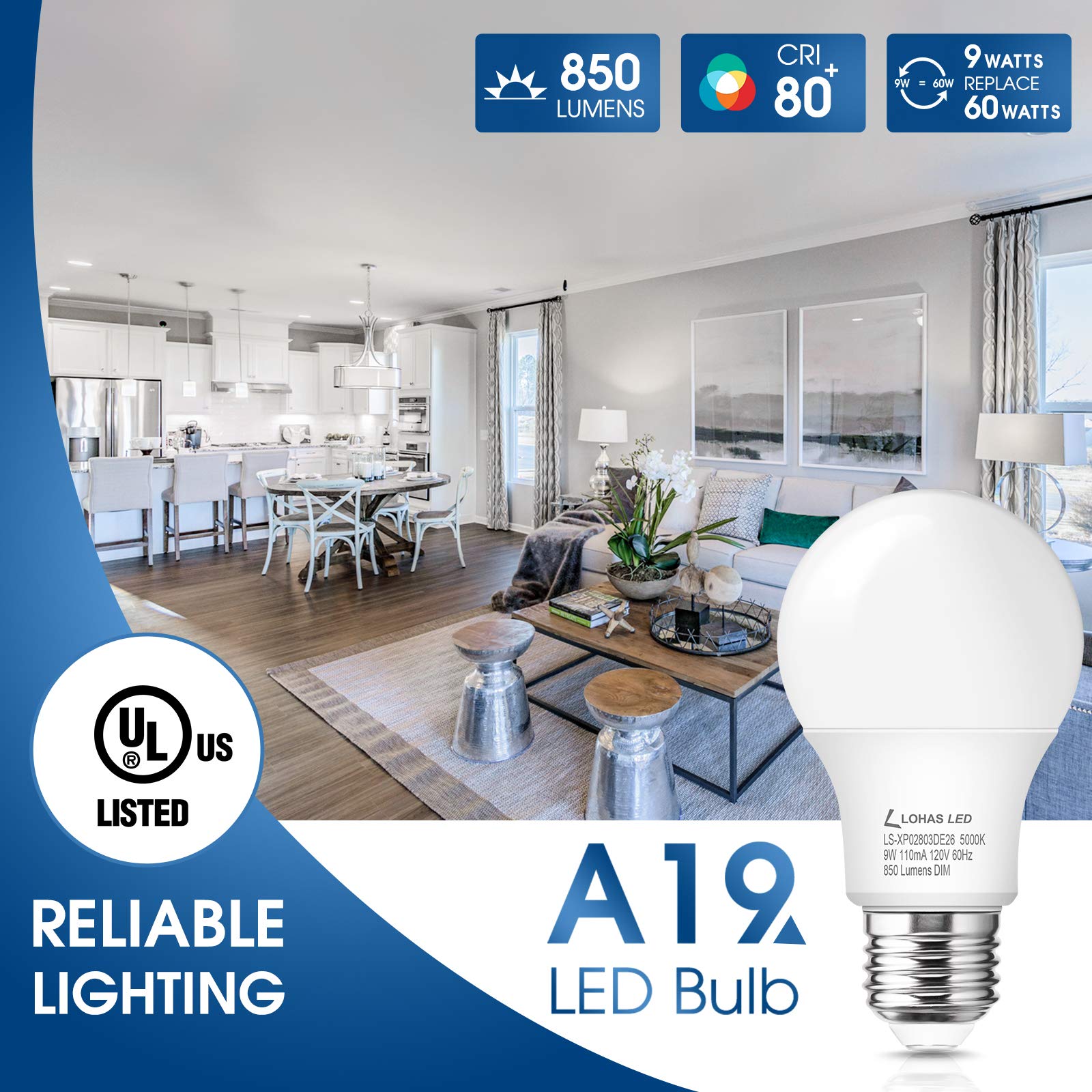 LOHAS A19 LED Bulb, 60Watt LED Light Bulb 9W, Daylight 5000K 850 Lumen E26 Base, 120V Energy-efficient Bedroom Lamps Pendant Fixtures Bedroom, Living Room Kitchen Office, Dimmable, 3 Pack