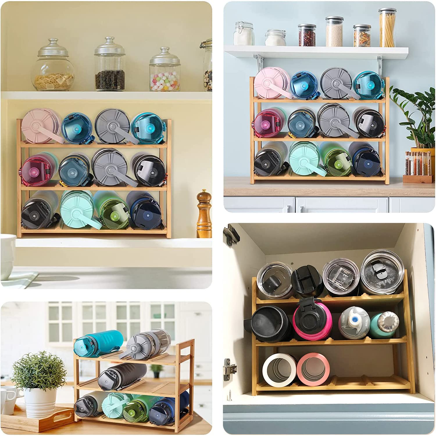 Meegoo Water Bottle Organizer, Bamboo Stackable Water Bottle Holder, 12 Freestanding Water Bottle Holder Rack, Storage for Cabinet Kitchen Countertops, Table Top, Pantry, Classroom, Yoga Room, Gym