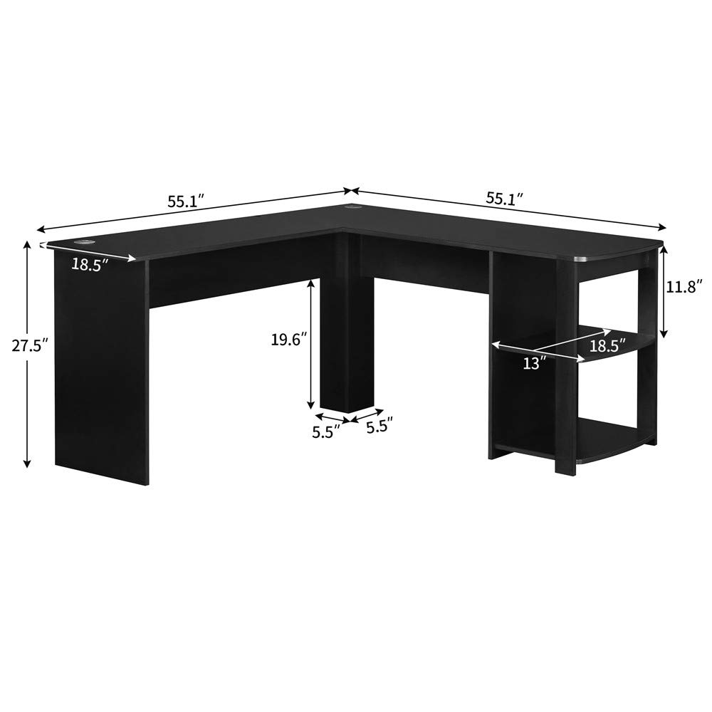 L-Shaped Home Office Corner Desk Wood Top Modern Laptop Study Table Workstation Gaming Writing Desk (Black)