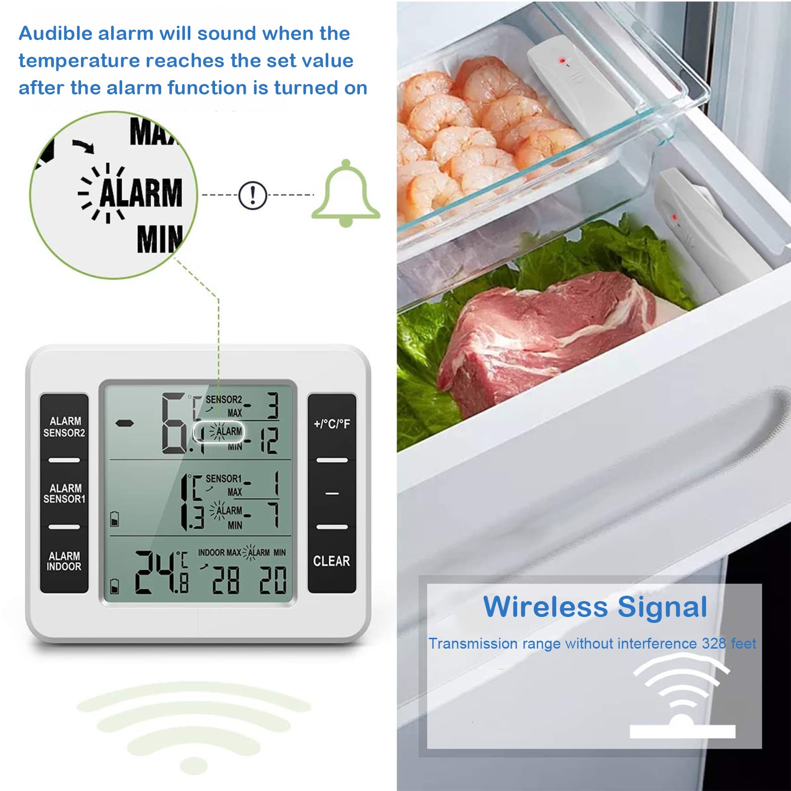 Refrigerator Thermometer, Wireless Digital Fridge Freezer Thermometer with Audible Alarm, Max/Min Temperature Display and 2 Sensors for Home Restaurants Kitchen