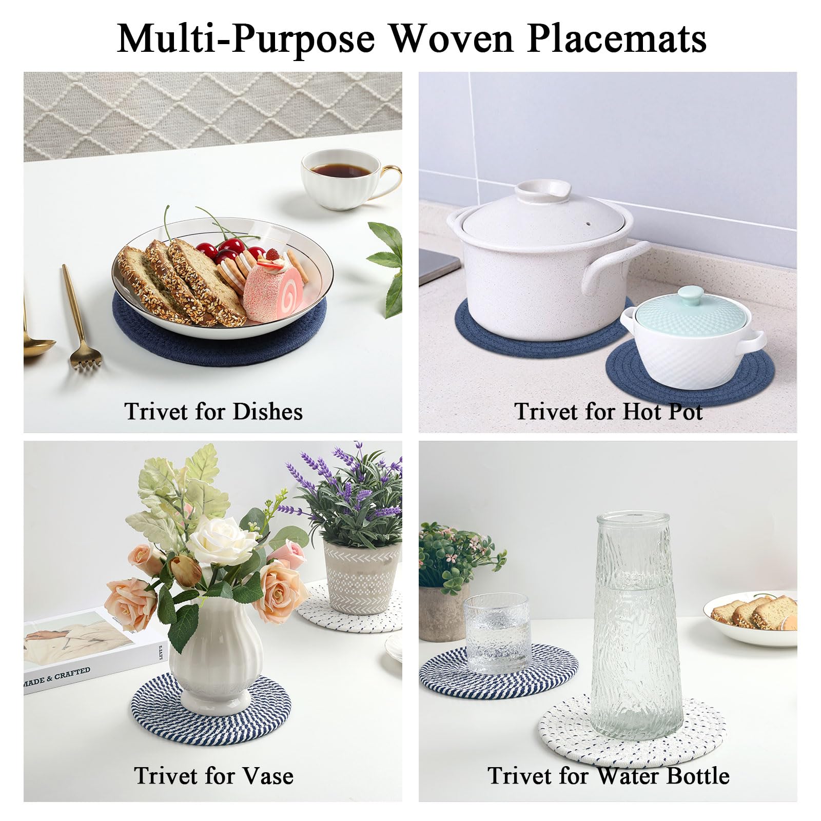 SHACOS 8 Inches Trivets for Hot Dishes, 4 Pieces Cotton Trivets Mats for Kitchen, Hot Pads for Countertops and Table, Heat-Resistant Pot Holders for Hot Pots and Pans(Blue, 4pcs)