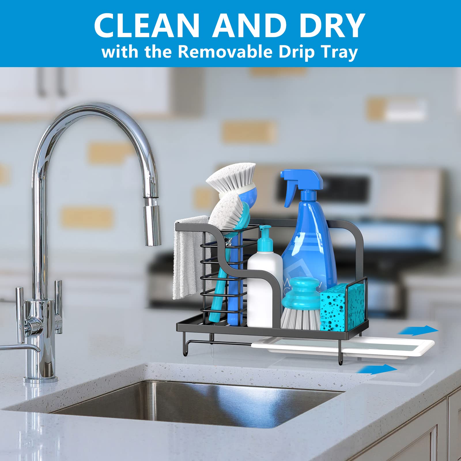 LYFine Kitchen Sink Caddy Organizer Sponge Holder Countertop Brush Soap Organizer Quick Draining with Drain Pan Stainless Steel Black