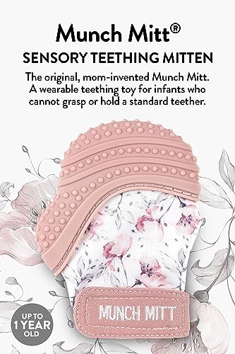 Malarkey Kids Baby Teething Mitten, Munch Mitt Baby Chew Toy - Protects Hands from Chewing & Saliva, Heals Aching Gums, Promotes Sound & Visual Stimulation for Babies Up to 1-Year-Old (Spring Flower)