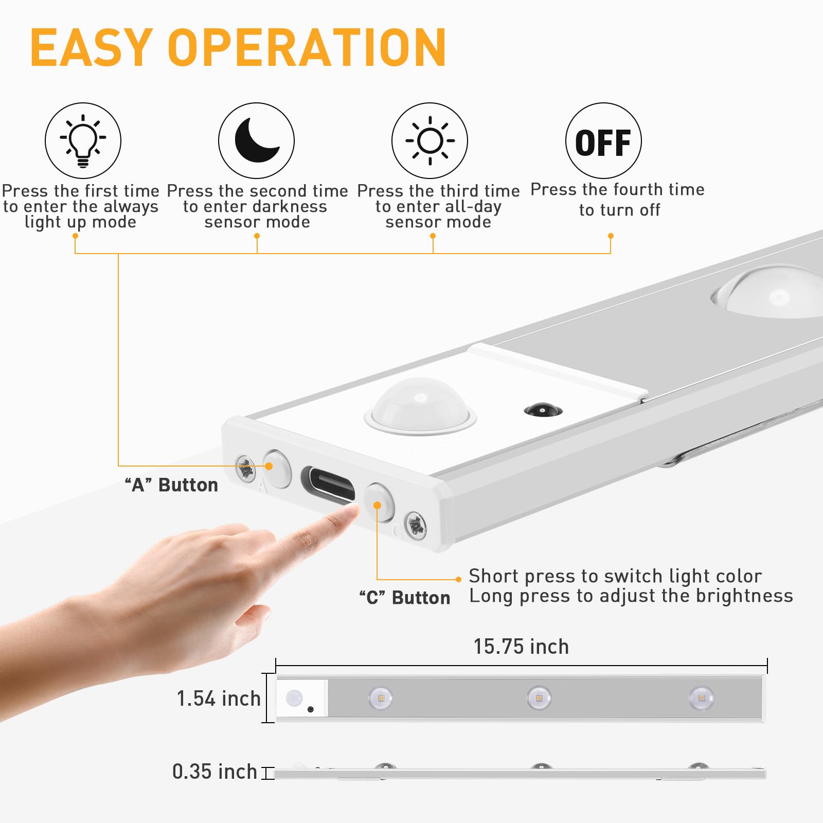LED Motion Sensor Cabinet Light - Upgraded Remote Control 3 Light Modes Stepless Dimming Under Closet Lights 15.8β, USB Rechargeable Magnetic Lights for Kitchen Wardrobe Cupboard Office 2pcs