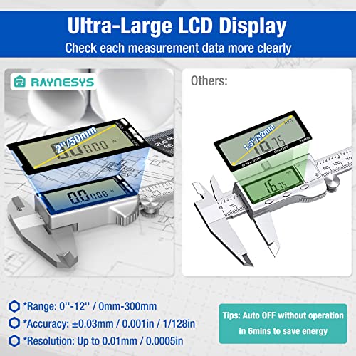 Raynesys Digital Caliper 12 Inch with Large LCD Screen, Inch/MM/Fraction Conversion, 300mm Micrometer Caliper All Stainless Steel Diameter Measuring Tool for Jewelers/Woodworkers/DIY