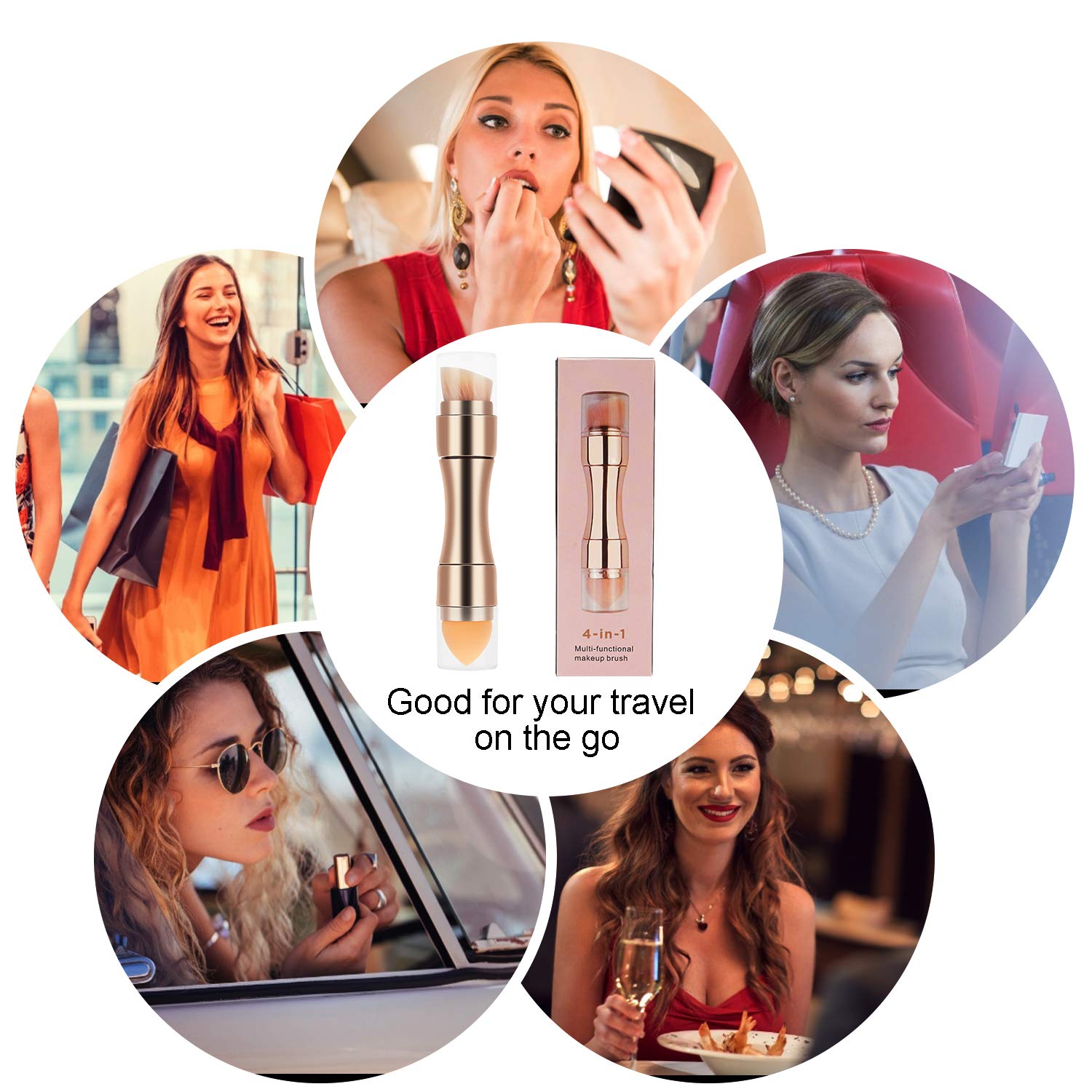 Makeup Brush Mini 4 in 1 Kit for Travel Cosmetic Applicator Foundation Sponges Brushes Valentine's Day Gift, Blending Eyeshadow Concealer Eyeliner Eyebrow