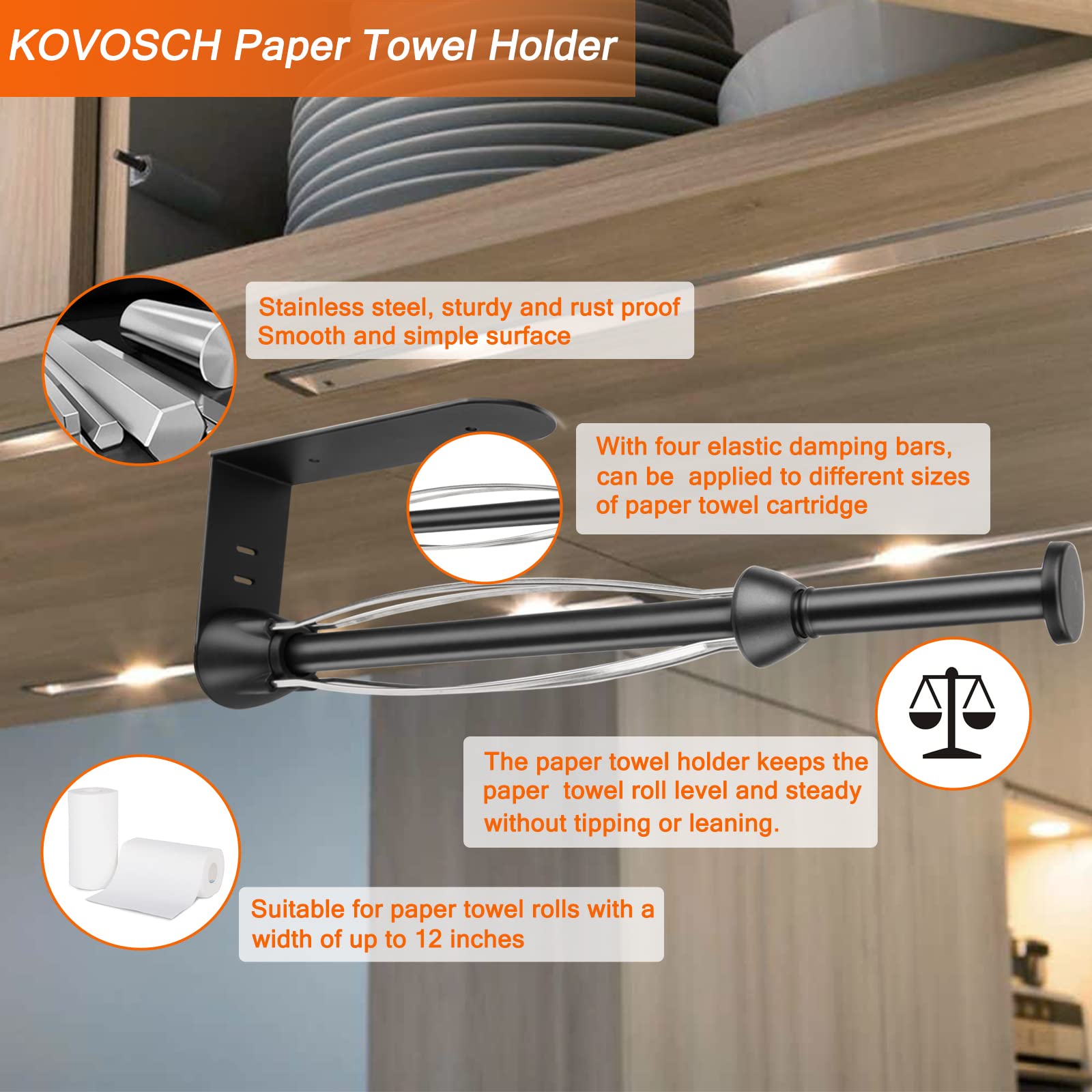 KOVOSCH Paper Towel Holder Under Cabinet with Damping Effect, Adhesive Paper Towel Holder Wall Mount, Single Hand Operable Stainless Steel Paper Towel Holder for Kitchen and Bathroom, Black
