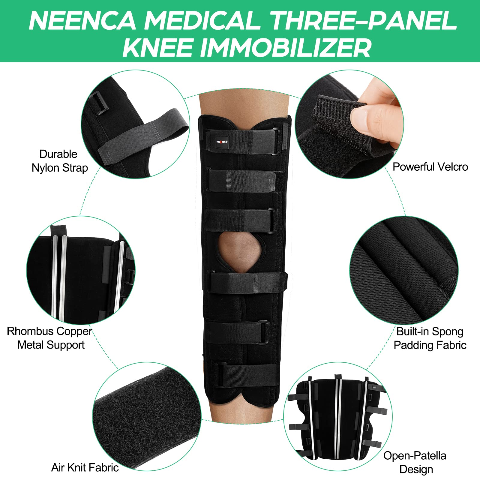 NEENCA Knee Immobilizer, 3-Panel Knee Brace with Internal Sponge Padding, Medical Full Leg Brace/StabilizerâStraight Support Splint for Knee Fractures,Meniscus Tear,Arthritis,Injury & Surgery Recovery