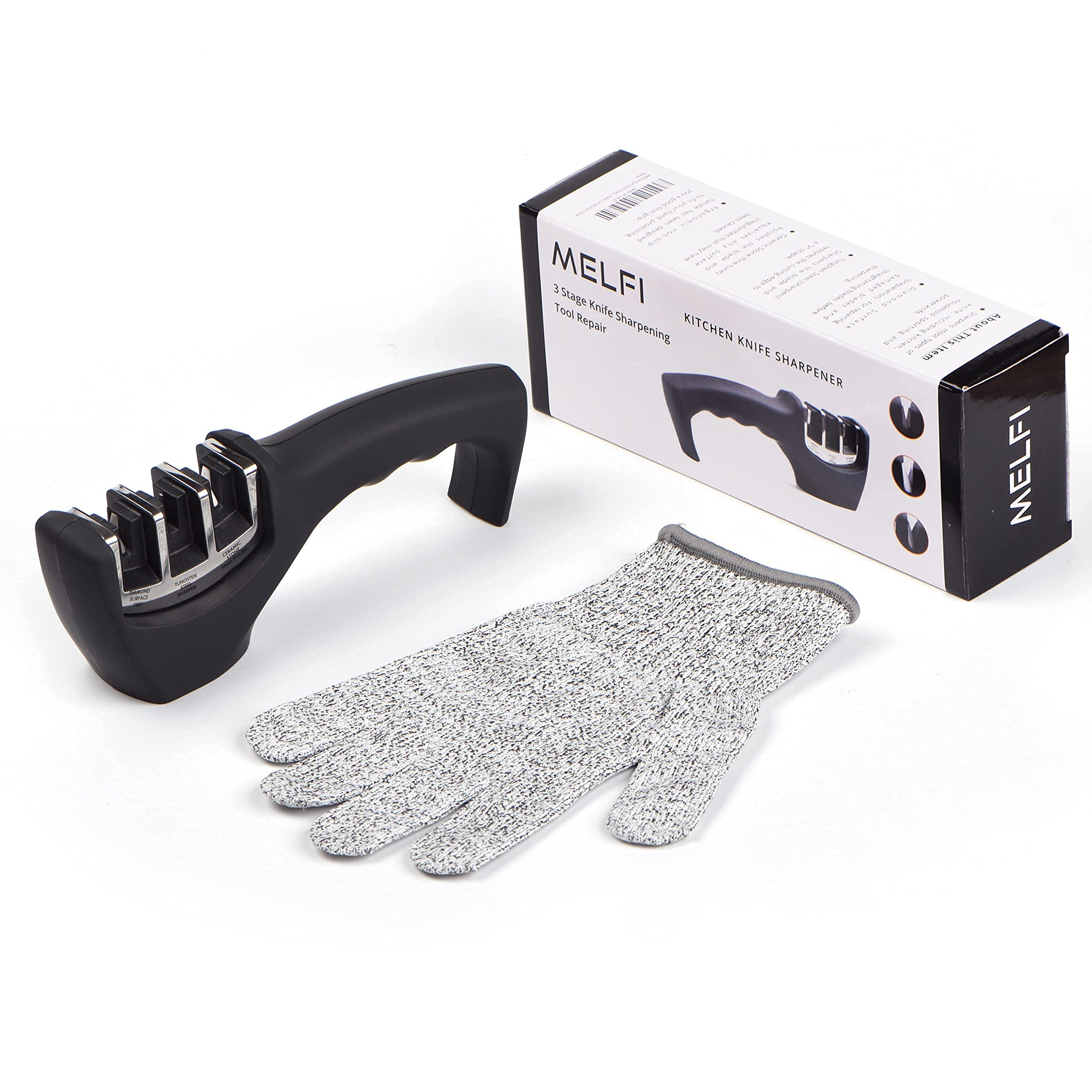 Melfi Premium Knife Sharpener, 3-Stage, Kitchen Knife Accessories, Helps Repair, Polish & Restore, Handled, Cut Resistant Glove