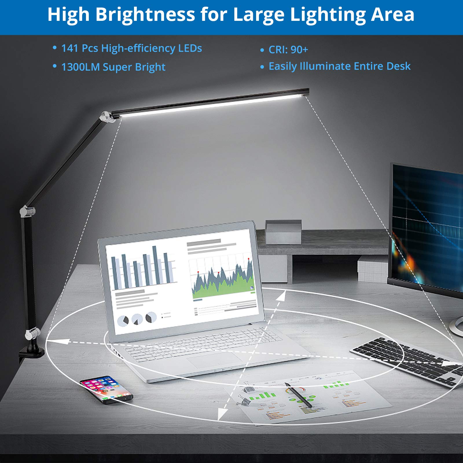 LED Desk Lamp with Clamp, Metal Swing Arm Lamp with Remote, 5 Color Modes & Stepless Dimming Architect Lamp, 10W Eye-Care Task Lamp Timer for Office, Work, Home, Reading, Dorm (Black)