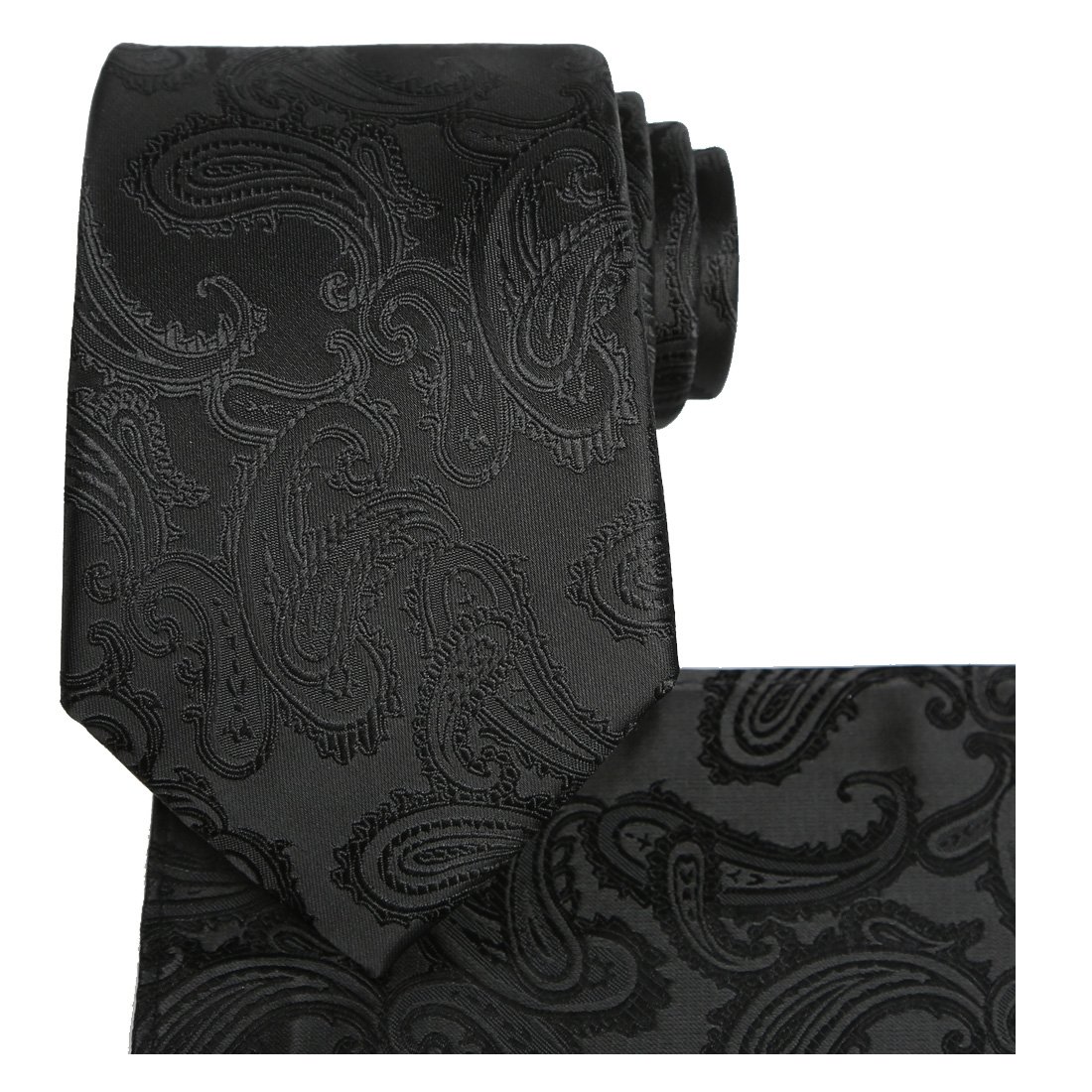 KissTies Mens Black Tie Set: Paisley Necktie + Pocket Square